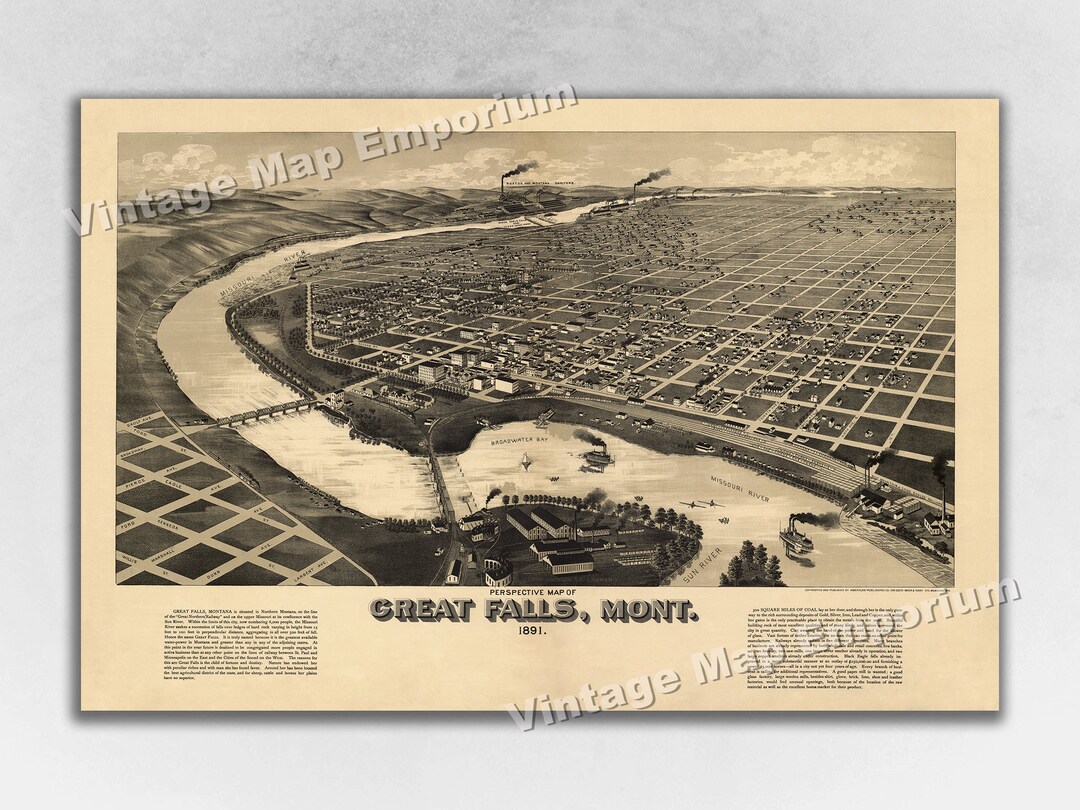 1891 Great Falls, Montana Map - Panoramic Old City Map - Historic Birds ...