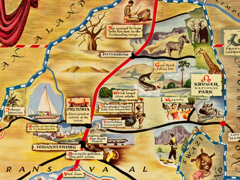 1950s Illustrated Map of South Africa Vintage Style Pictorial - Etsy