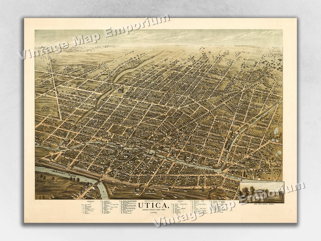 1873 Utica, New York Map - Panoramic Old City Map - Historic Birds Eye ...