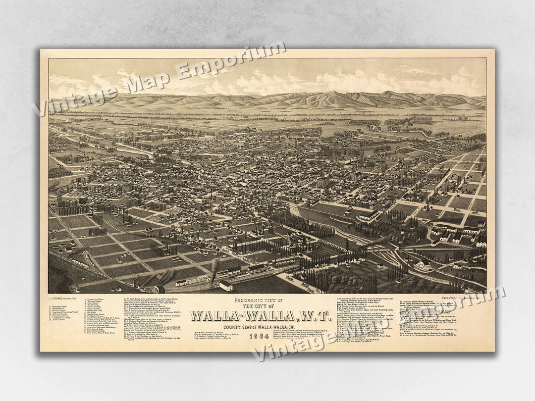 1884 Walla Walla, Washington Map - Panoramic Old City Map - Historic ...