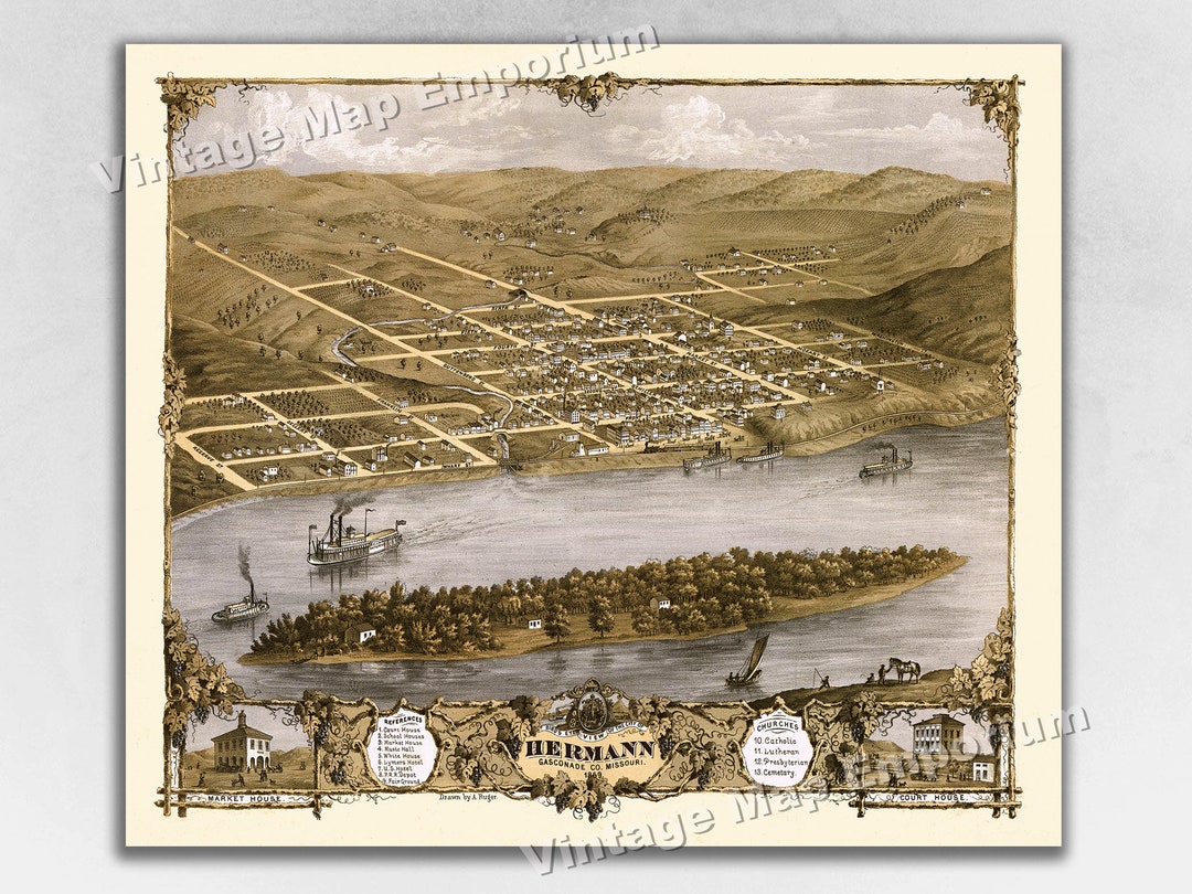 1869 Hermann, Missouri Map - Panoramic Old City Map - Historic Birds ...