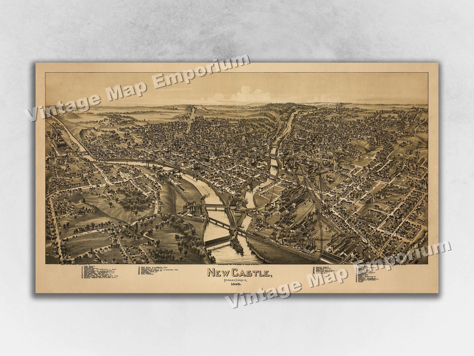 1896 New Castle Pennsylvania Map Panoramic Old City Map - Etsy