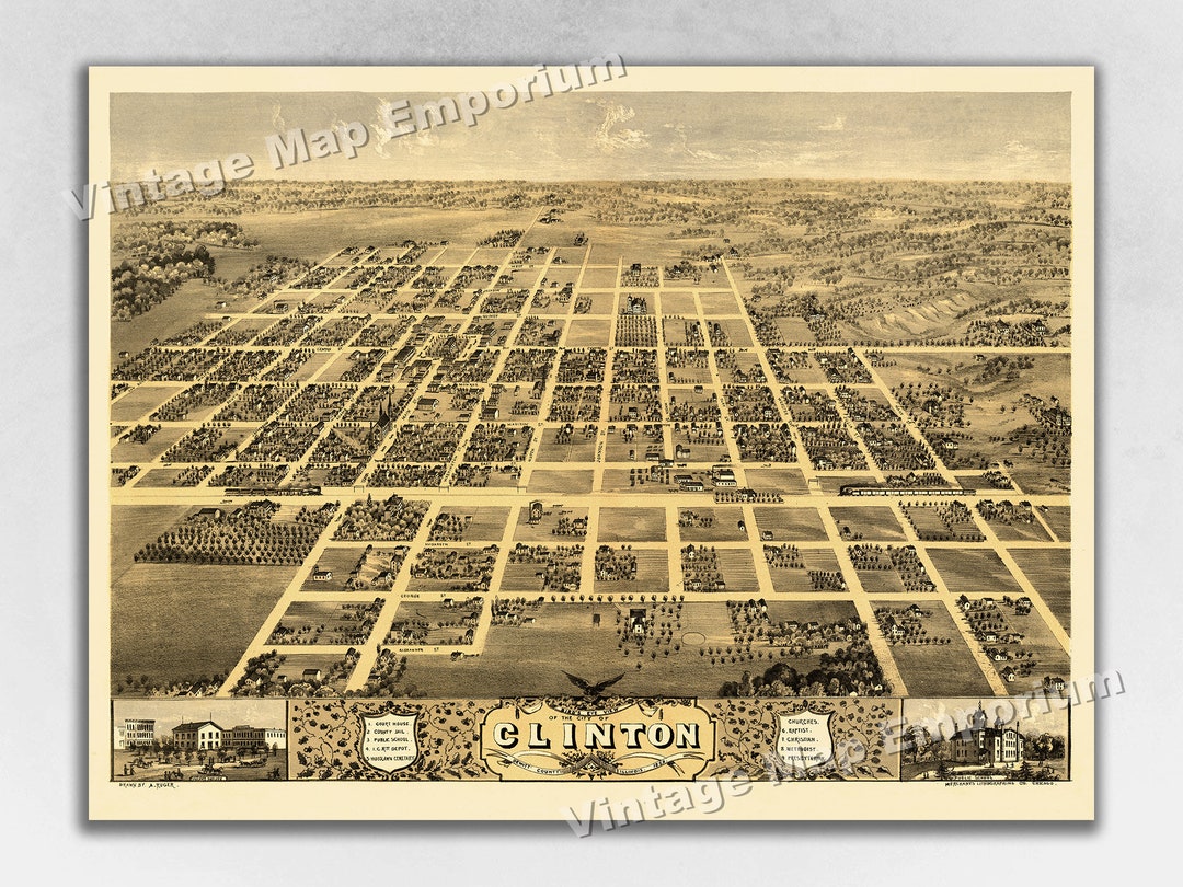 1869 Clinton, Illinois Map - Panoramic Old City Map - Historic Birds ...