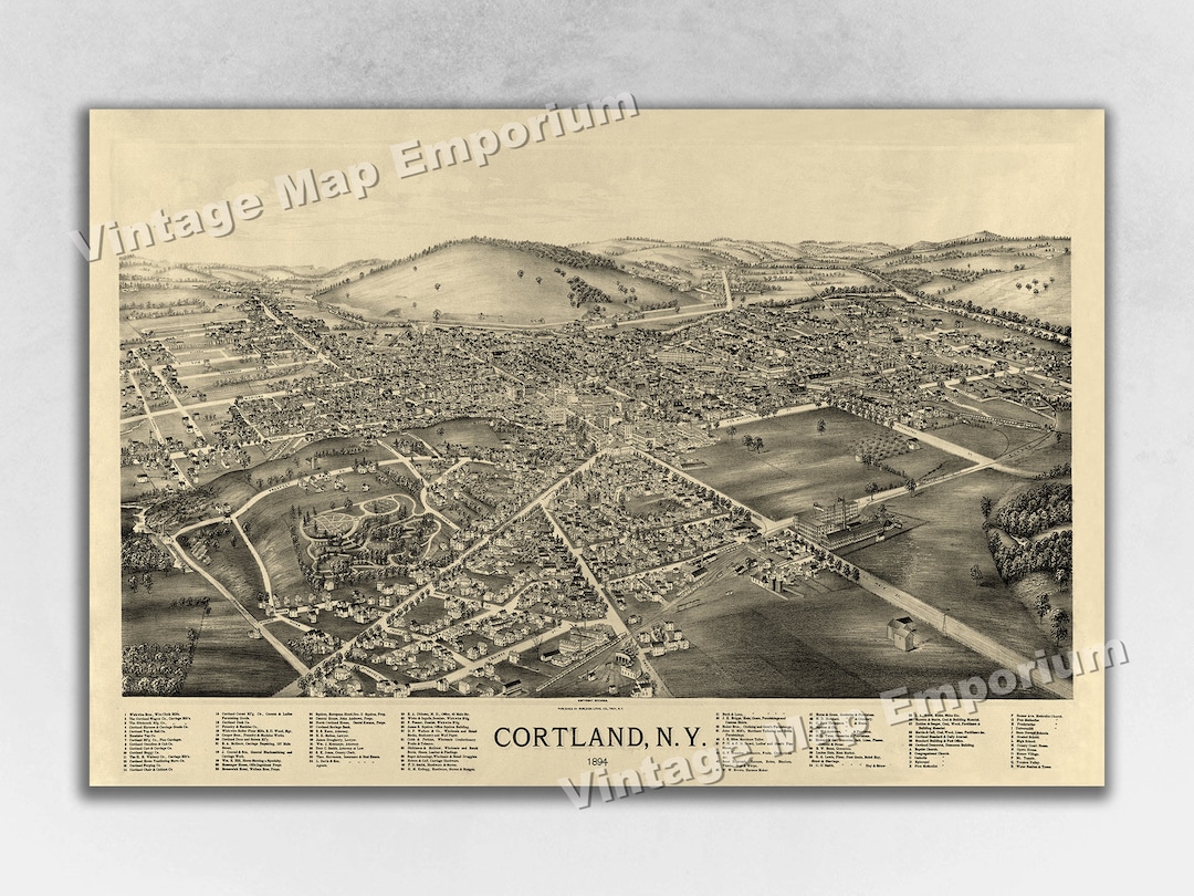 1894 Cortland, New York Map - Panoramic Old City Map - Historic Birds ...