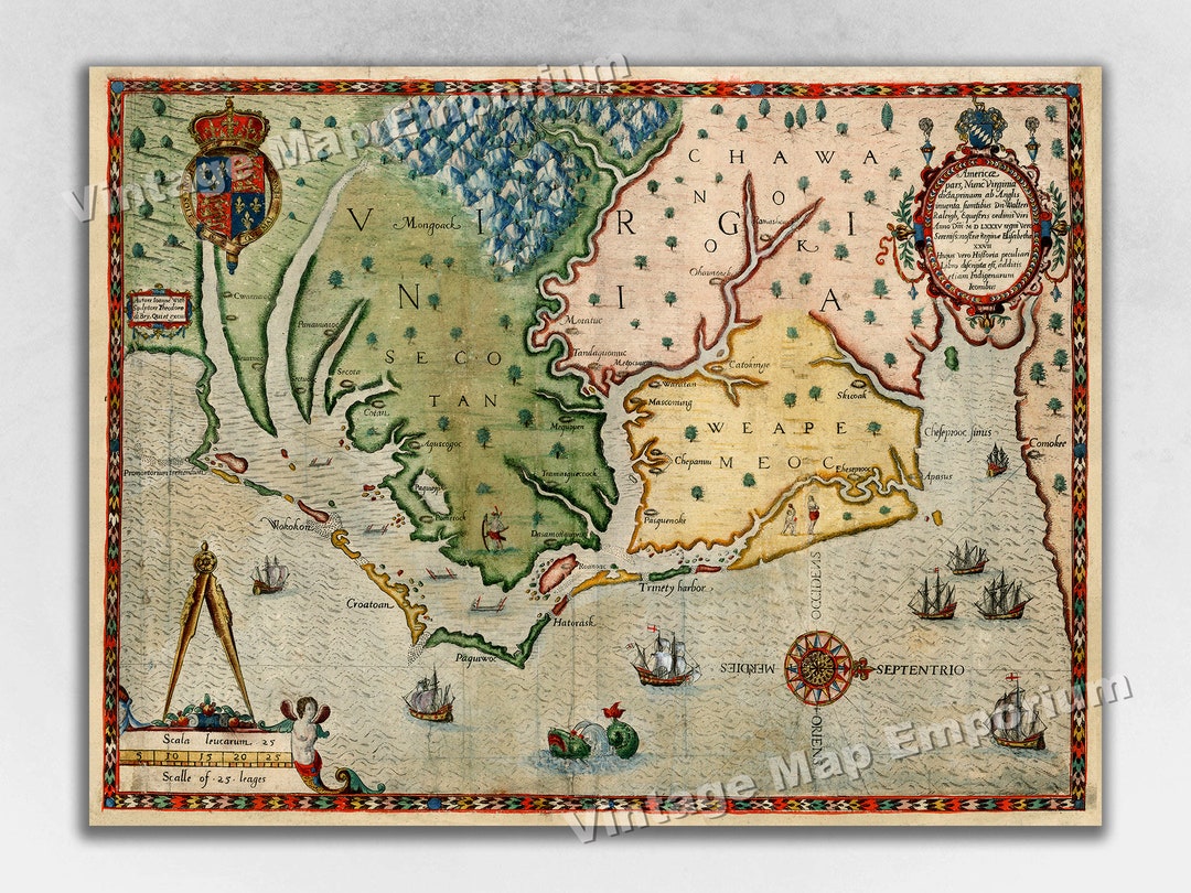 1590 John White’s Virginia Historic Vintage Style Unique Wall Map - Art ...