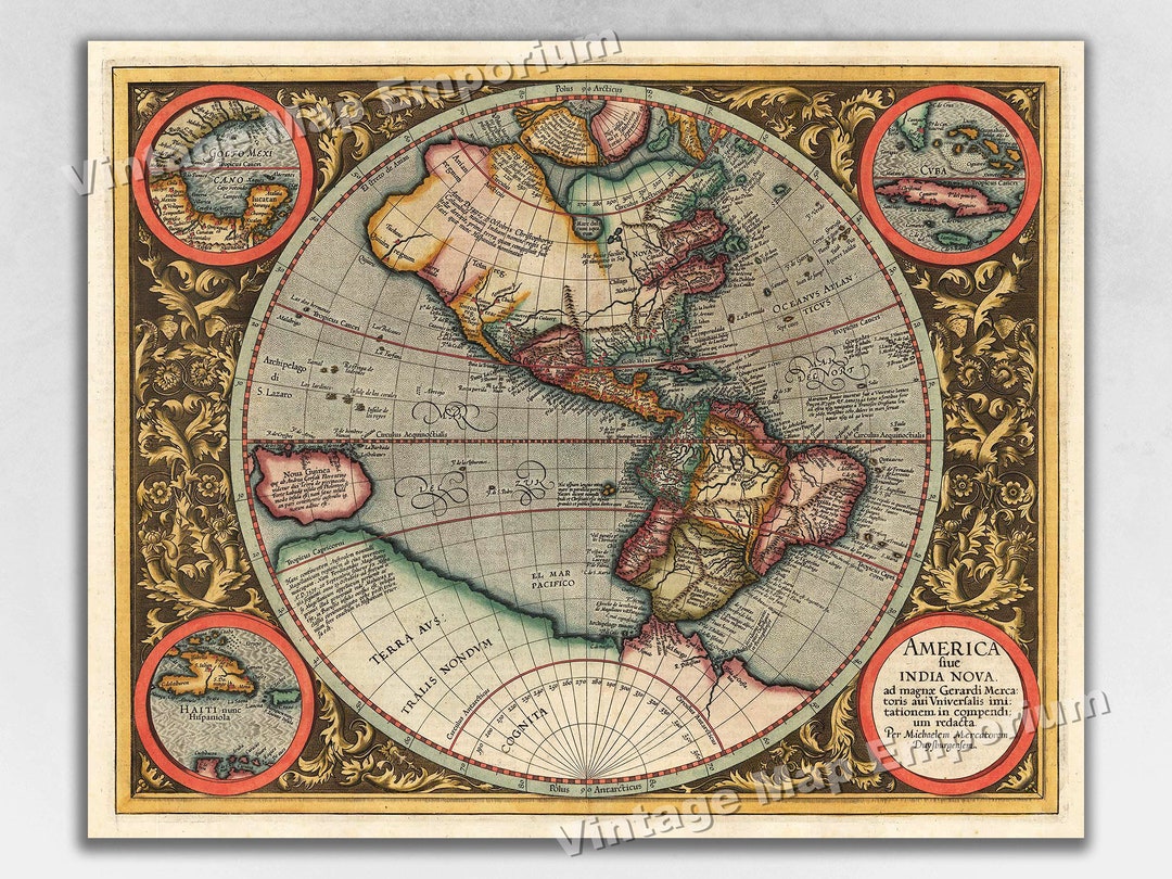 1595 Western Hemisphere Vintage Style New World Exploration Map Art ...
