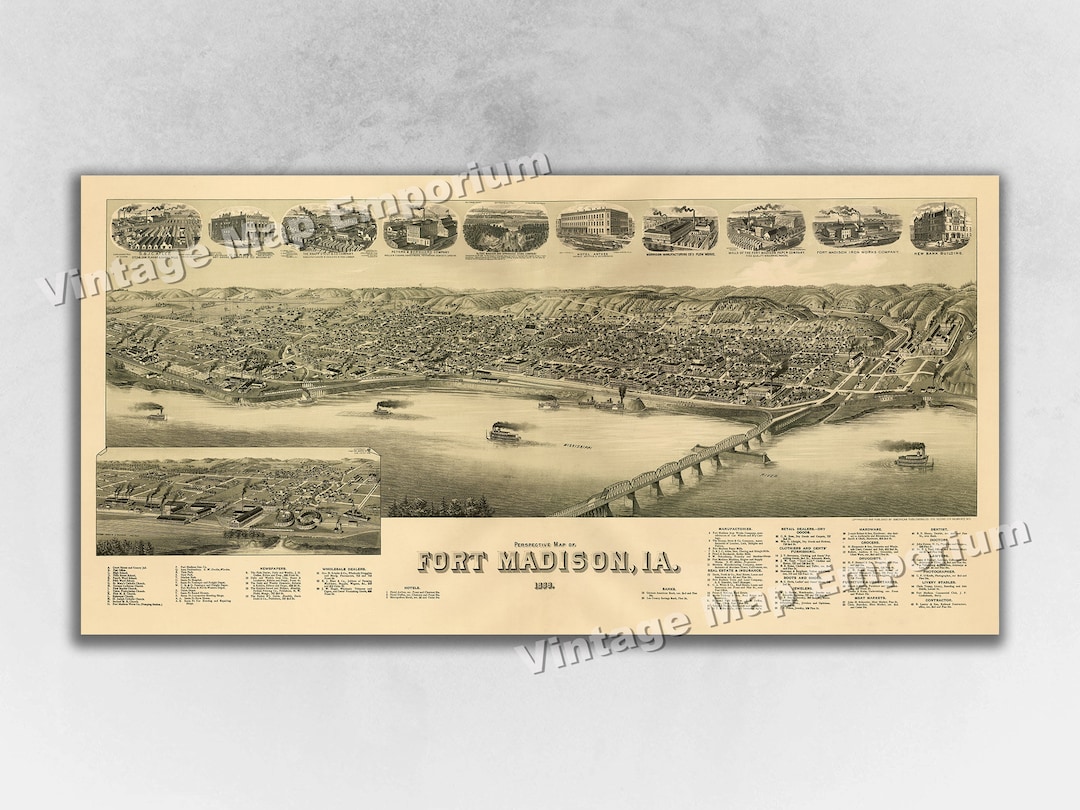 1889 Fort Madison, Iowa Map - Panoramic Old City Map - Historic Birds ...