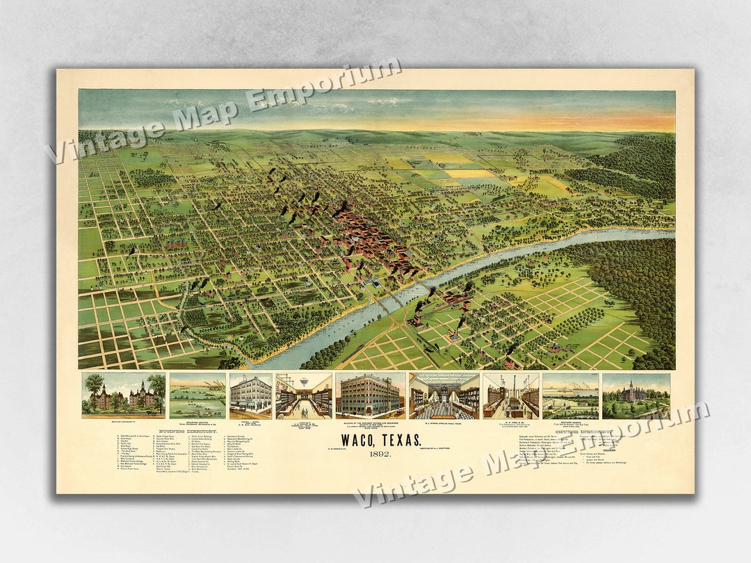 1892 Waco, Texas Map - Panoramic Old City Map - Historic Birds Eye View ...