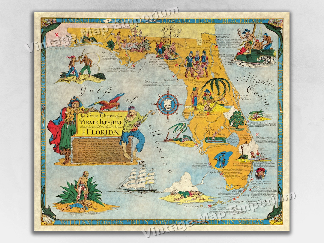 Ye True Chart of Buried Treasure in the Land & Waters of Florida ...