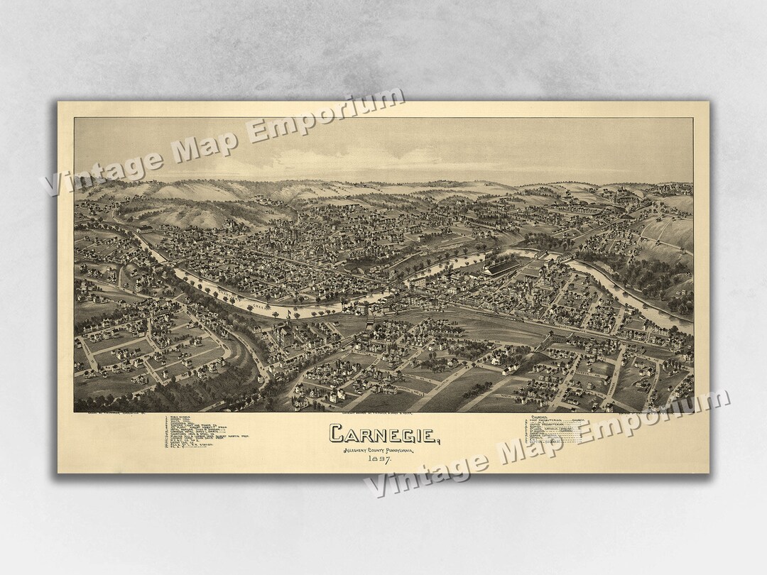 1897 Carnegie, Pennsylvania Map - Panoramic Old City Map - Historic ...
