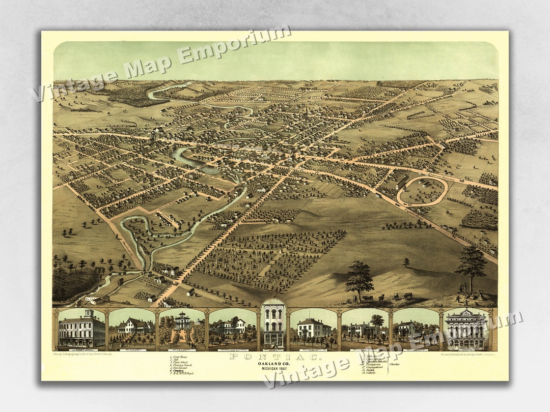 1867 Pontiac, Michigan Map - Panoramic Old City Map - Historic Birds ...