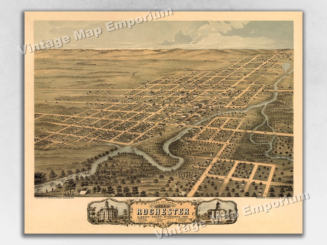 1869 Rochester, Minnesota Map - Panoramic Old City Map - Historic Birds ...