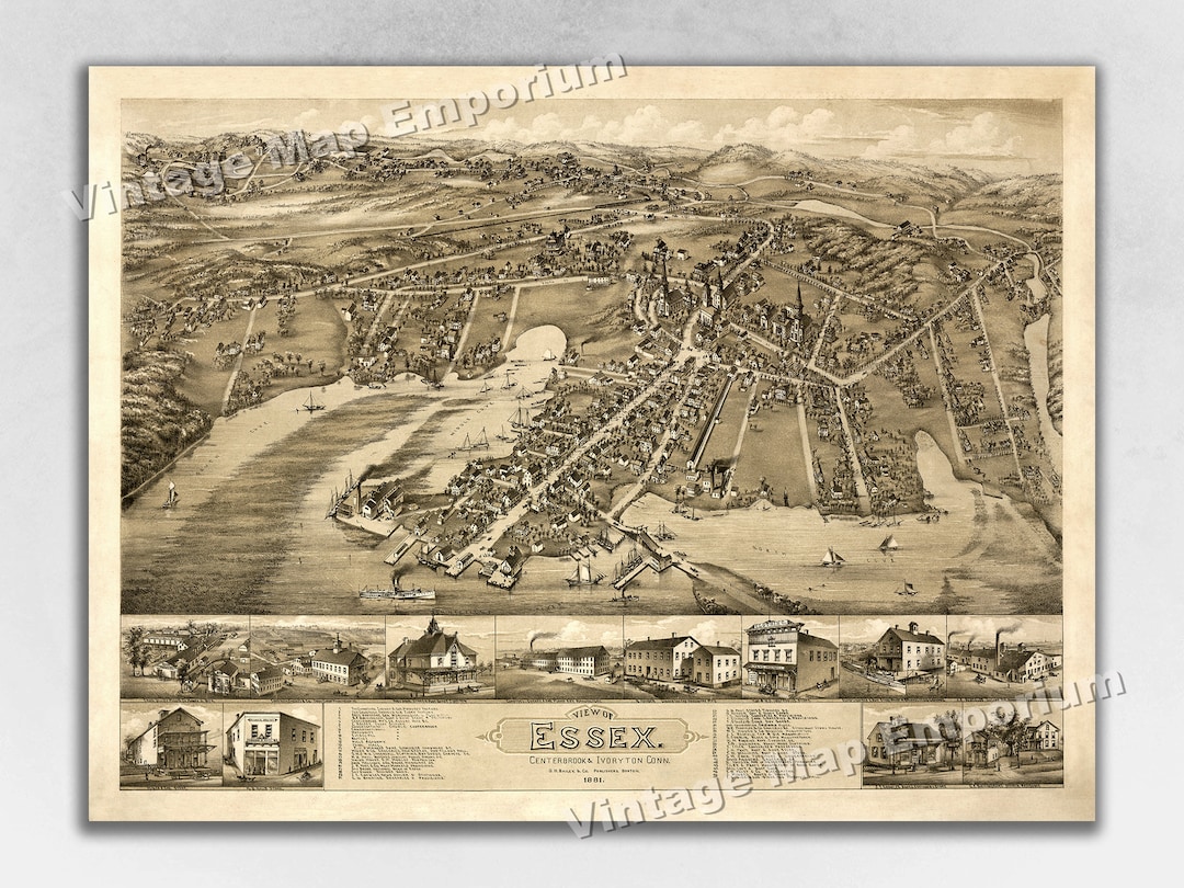 1881 Essex, Connecticut Map - Panoramic Old City Map - Historic Birds ...