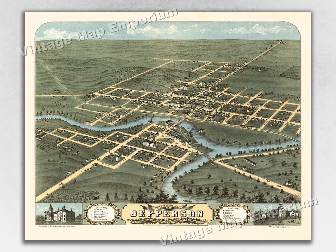 1870 Jefferson, Wisconsin Map - Panoramic Old City Map - Historic Birds ...