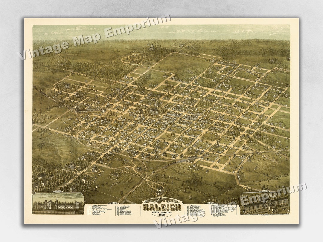 1872 Raleigh, North Carolina Map - Panoramic Old City Map - Historic ...