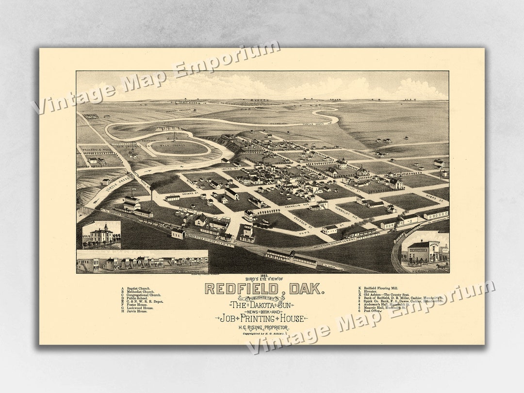 1883 Redfield, South Dakota Map - Panoramic Old City Map - Historic ...
