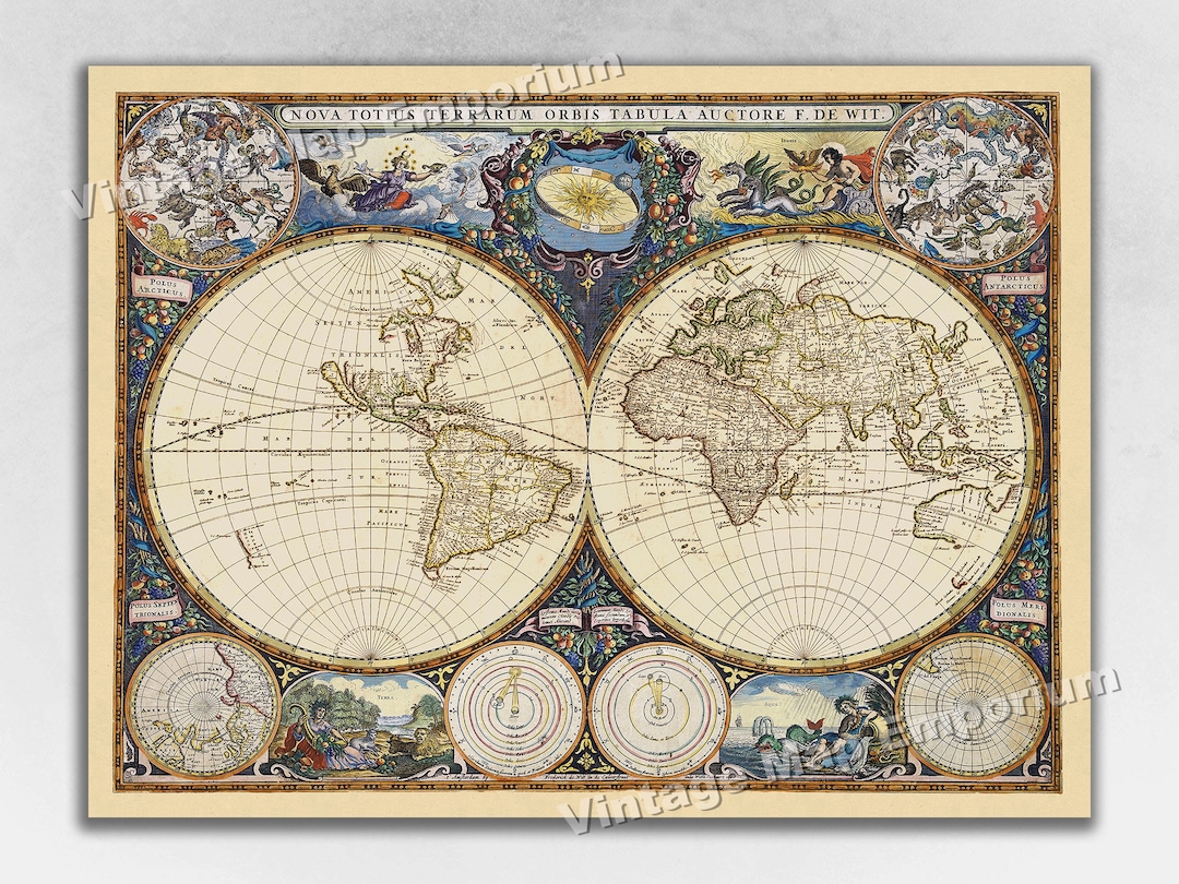 1660 Map of the World - Frederik De Wit Vintage World Celestial ...