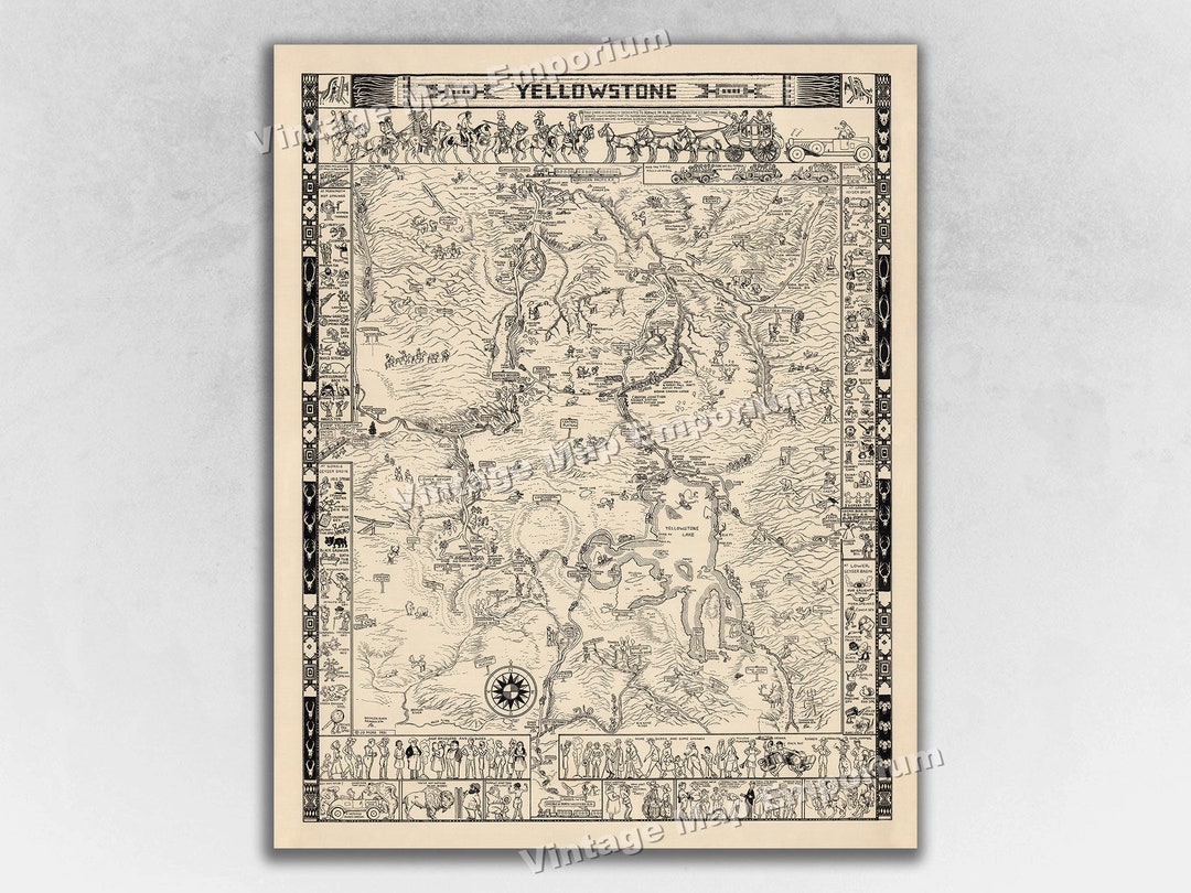 1931 Yellowstone National Park Map - Vintage Humorous Illustrated Old ...