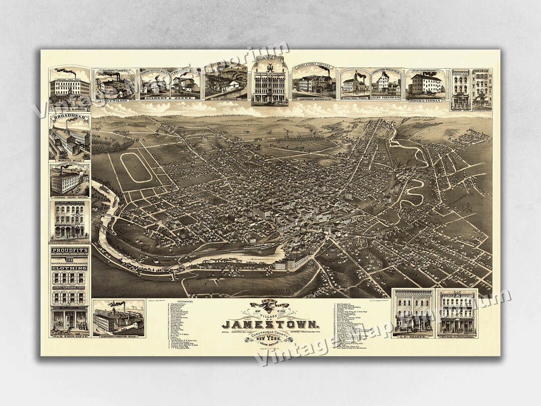 1882 Jamestown, New York Map - Panoramic Old City Map - Historic Birds ...
