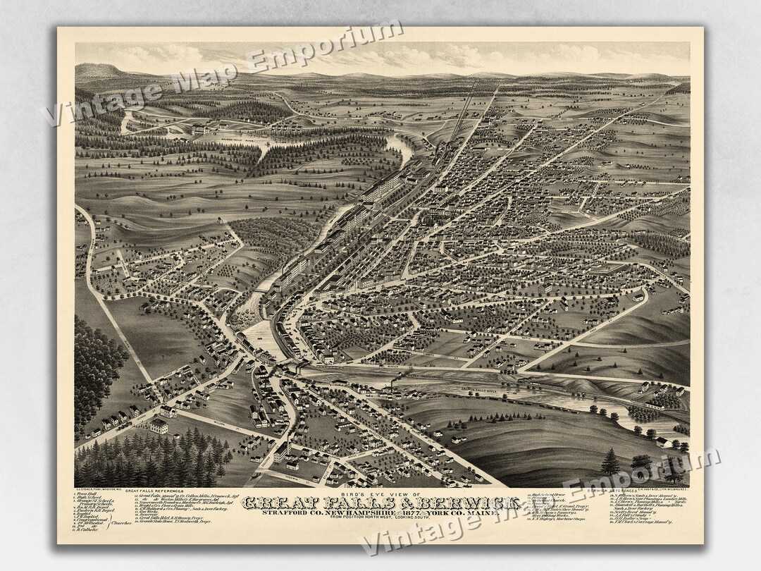 1877 Great Falls, Maine Map - Panoramic Old City Map - Historic Birds ...