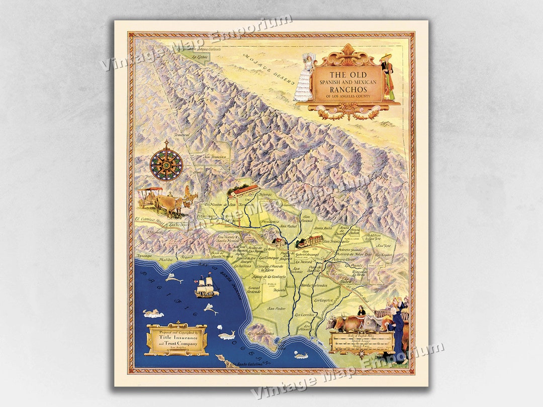 1937 Old Spanish Ranchos Map of Los Angeles - Historic Wall Map Art ...