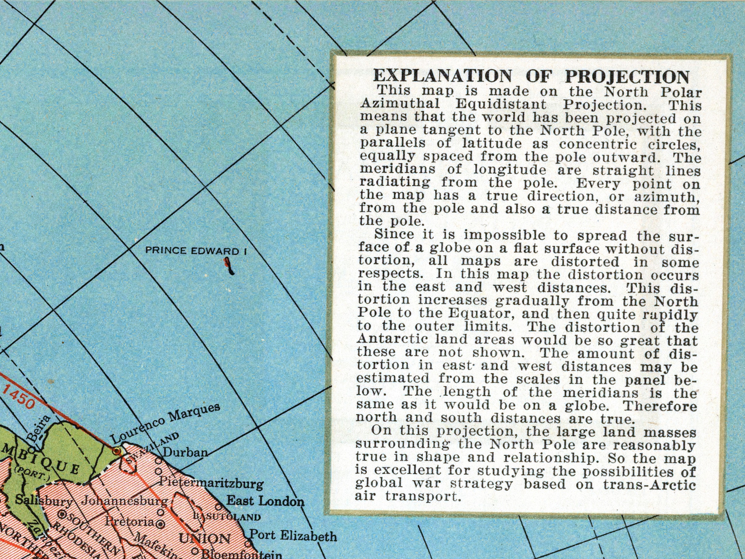 Flat Earth Map - Polar Azimuthal Equidistant Projection 1943 WWII Wall ...