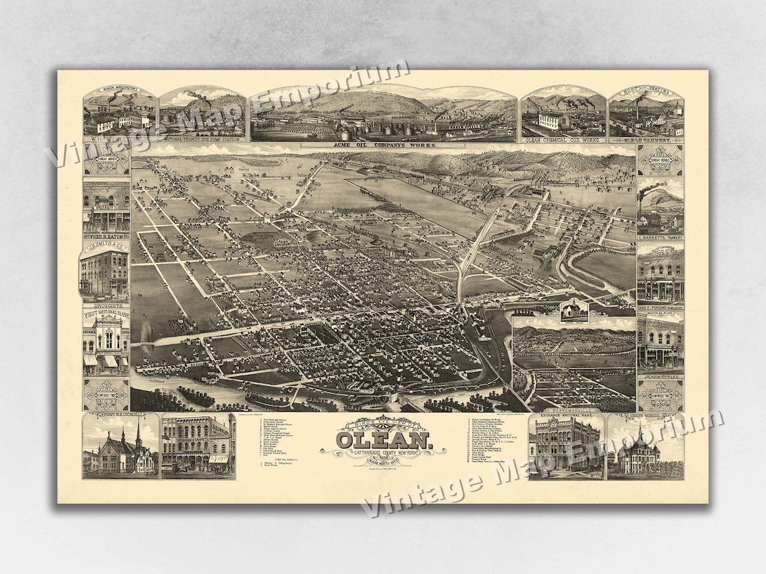 1882 Olean, New York Map - Panoramic Old City Map - Historic Birds Eye ...