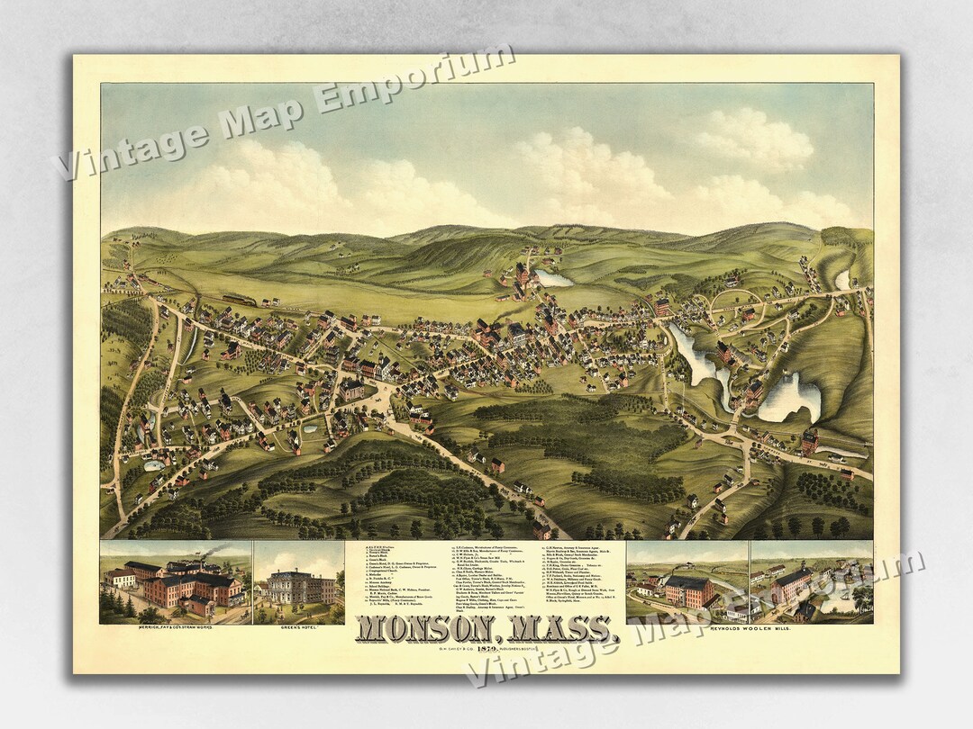 1879 Monson, Massachusetts Map - Panoramic Old City Map - Historic ...