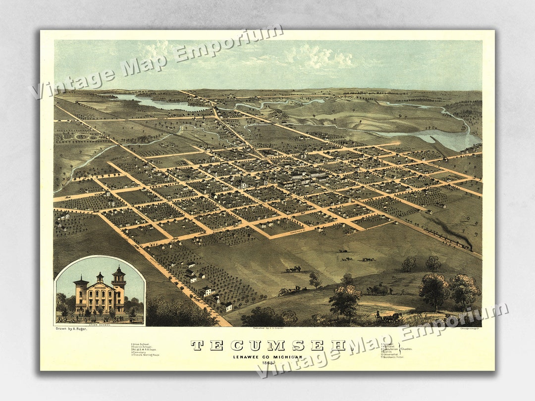 1868 Tecumseh, Michigan Map - Panoramic Old City Map - Historic Birds ...