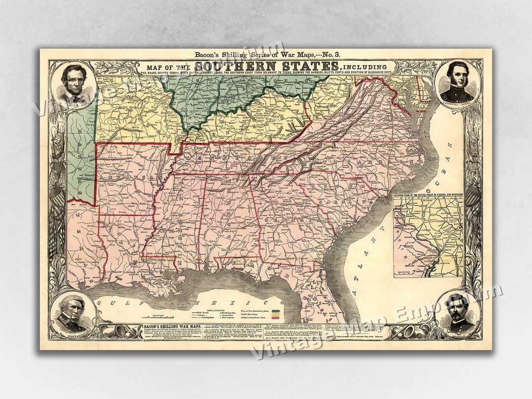 1863 Map of the Southern States - Civil War Era Map Poster Art Print - Etsy