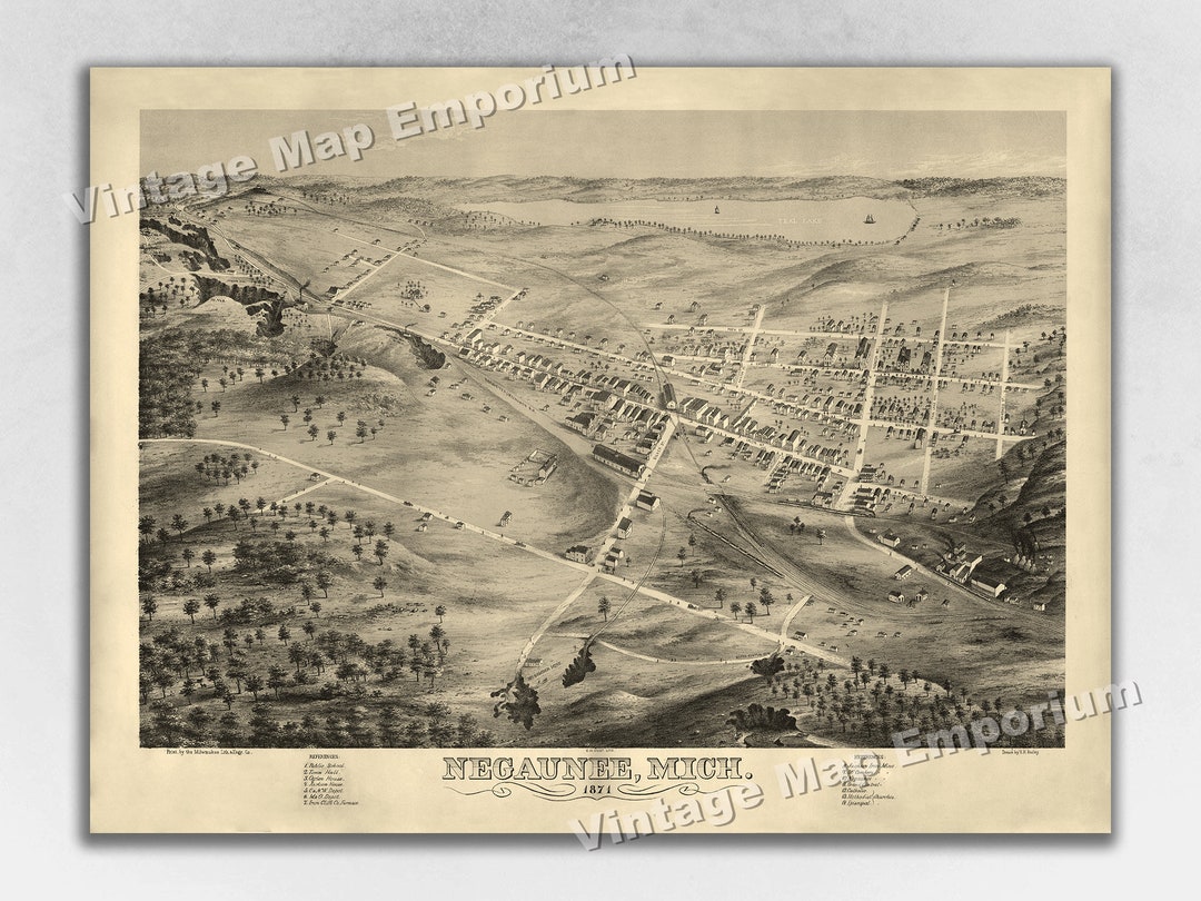 1871 Negaunee, Michigan Map - Panoramic Old City Map - Historic Birds ...
