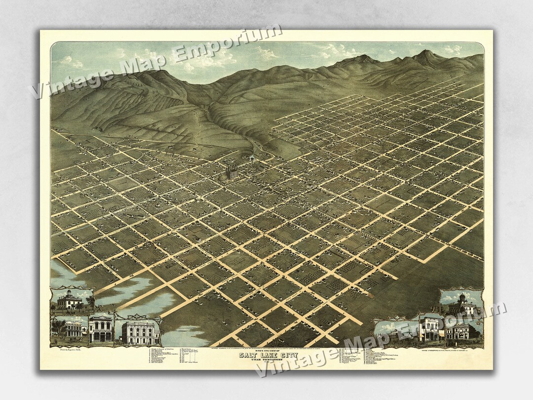 1870 Salt Lake City, Utah Map - Panoramic Old City Map - Historic Birds ...