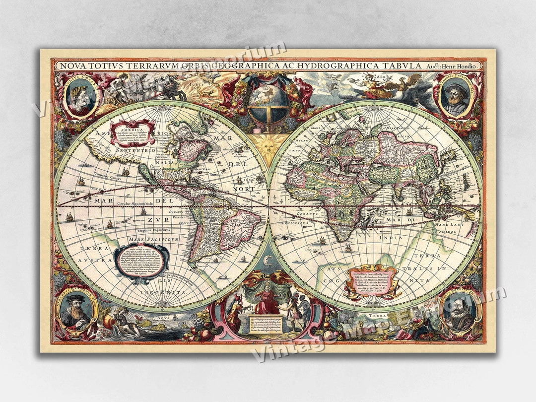 1630 Old World Illustrated Vintage Map - Hendrik Hondius - Vintage Old ...
