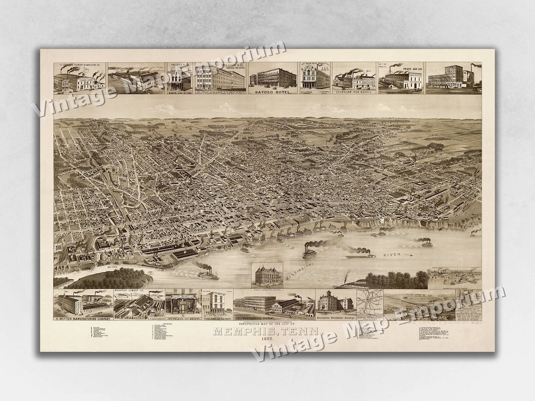 1887 Memphis, Tennessee Map - Panoramic Old City Map - Historic Birds ...