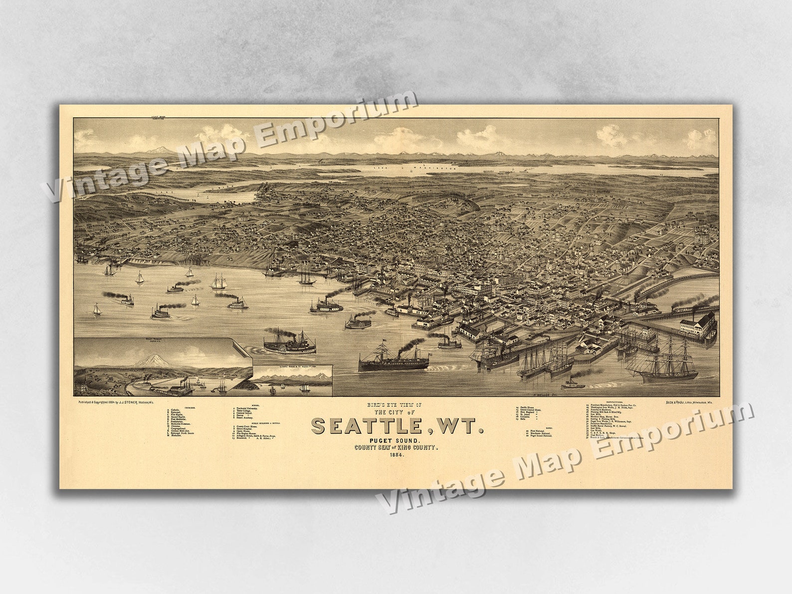1884 Seattle, Washington Map - Panoramic Old City Map - Historic Birds ...