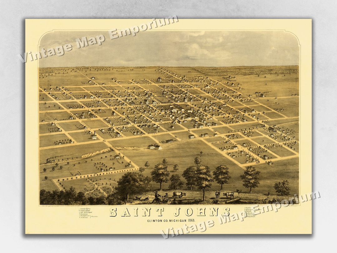 1868 Saint Johns, Michigan Map - Panoramic Old City Map - Historic ...