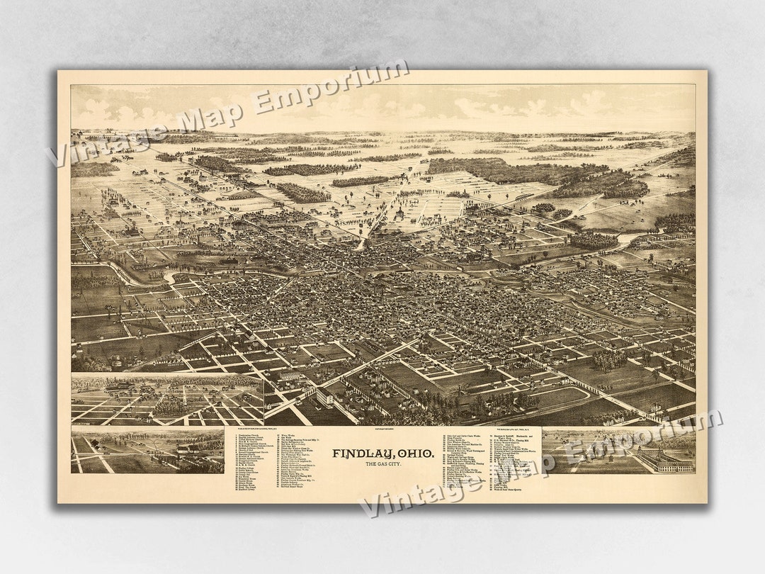 1889 Findlay, Ohio Map - Panoramic Old City Map - Historic Birds Eye ...