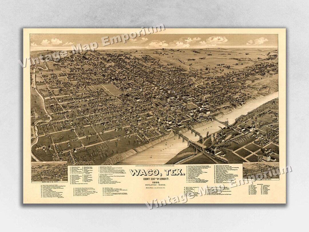 1886 Waco, Texas Map - Panoramic Old City Map - Historic Birds Eye View ...