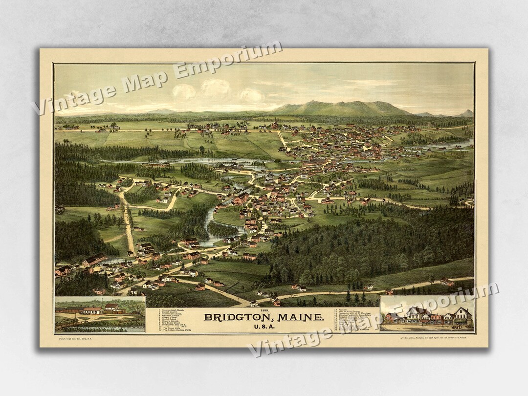 1888 Bridgton, Maine Map - Panoramic Old City Map - Historic Birds Eye ...