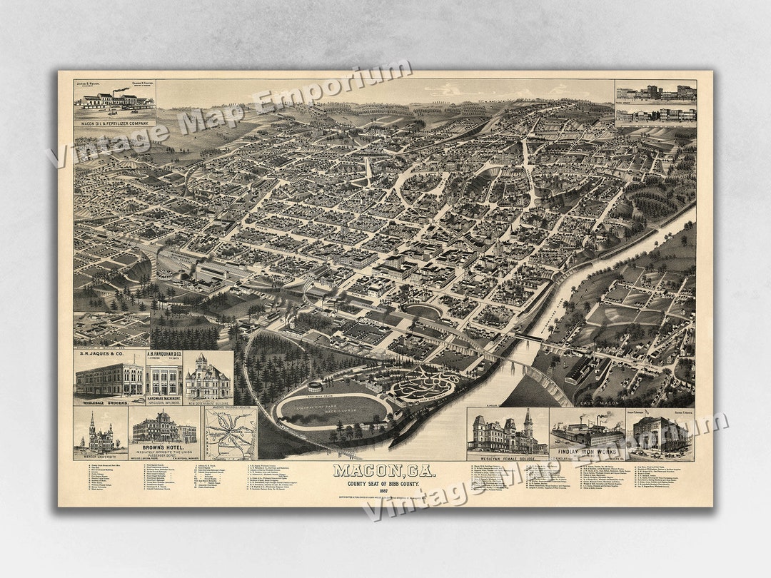 1887 Macon, Georgia Map - Panoramic Old City Map - Historic Birds Eye ...