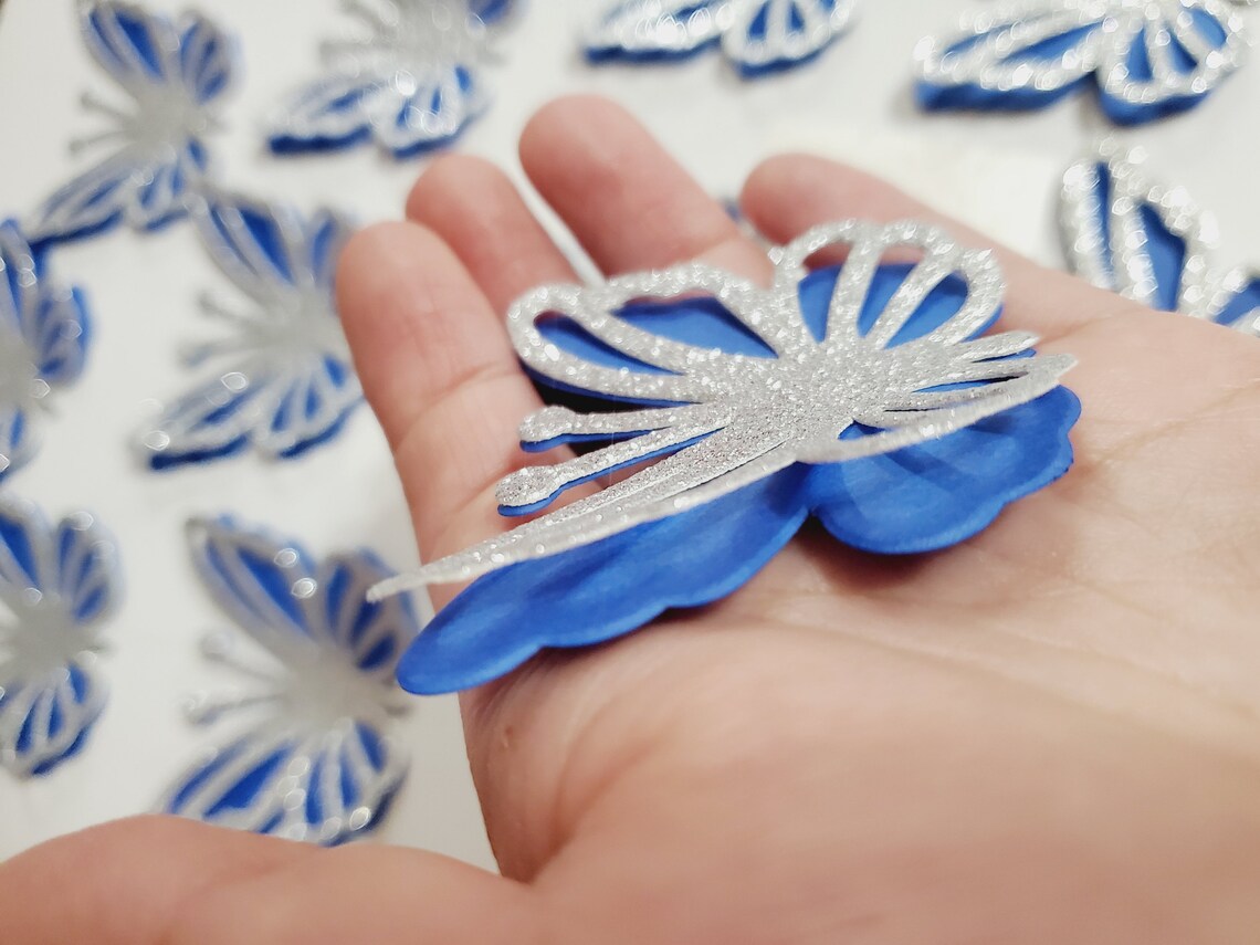 3D Glitter Butterfly Cut Outs, Royal Blue and Silver Butterflies ...
