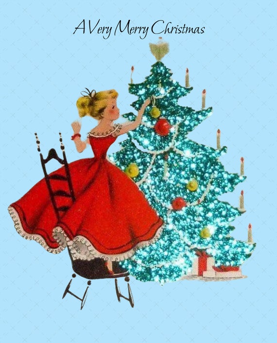 Retro Christmas Card Image Pretty Girl Decorating Tree Instant Digital Download Etsy UK