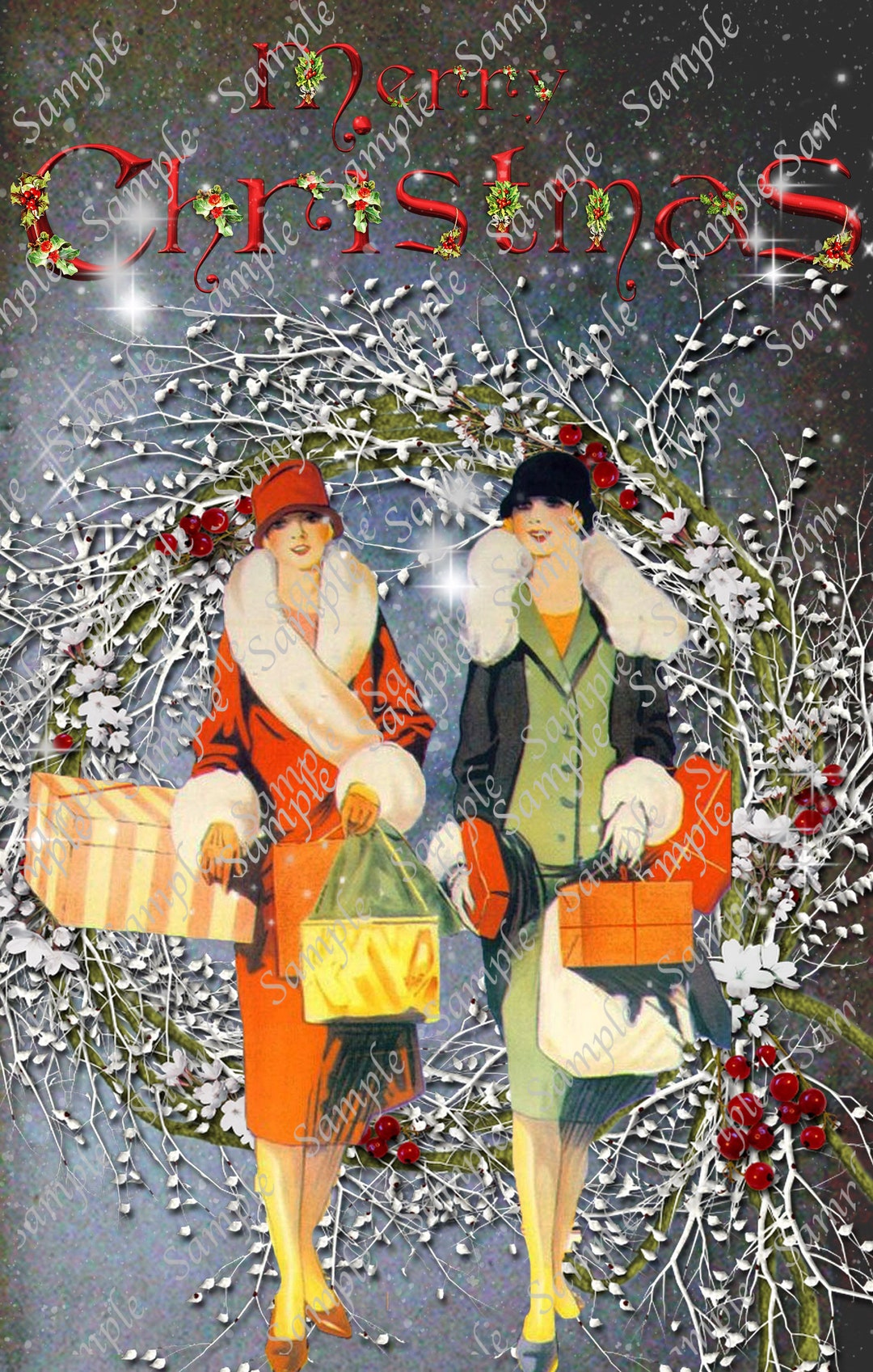 Vintage Ladies Christmas Shopping Digital Image, Instant Digital ...