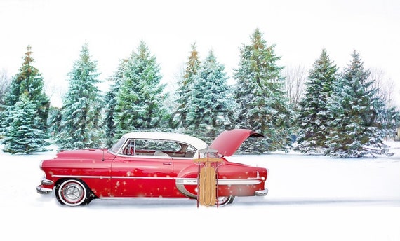 Vintage Christmas Red Car and Sled in the Snow Instant - Etsy