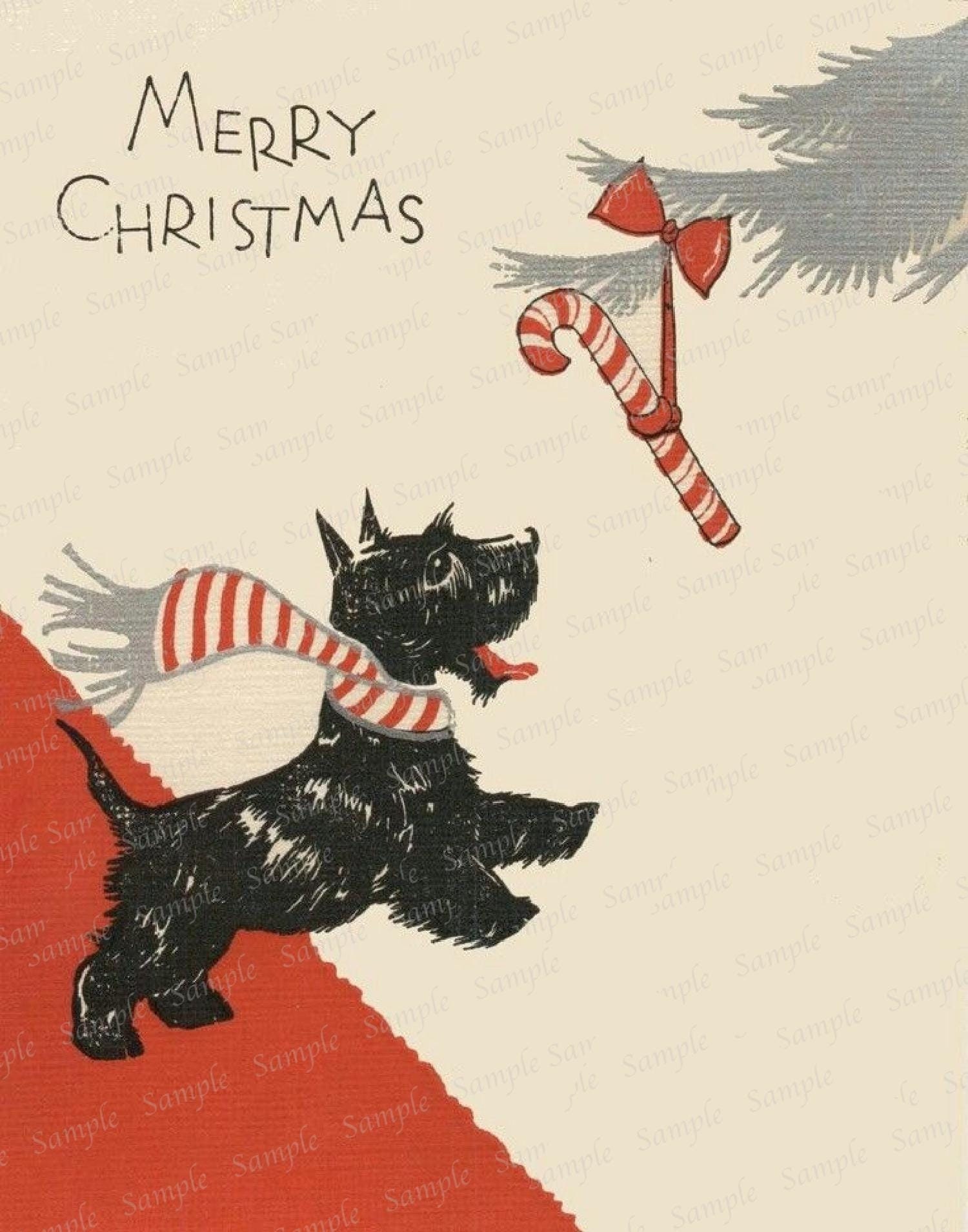 Vintage Christmas, Scotty Dog and Candy Cane, Retro Christmas, Instant ...