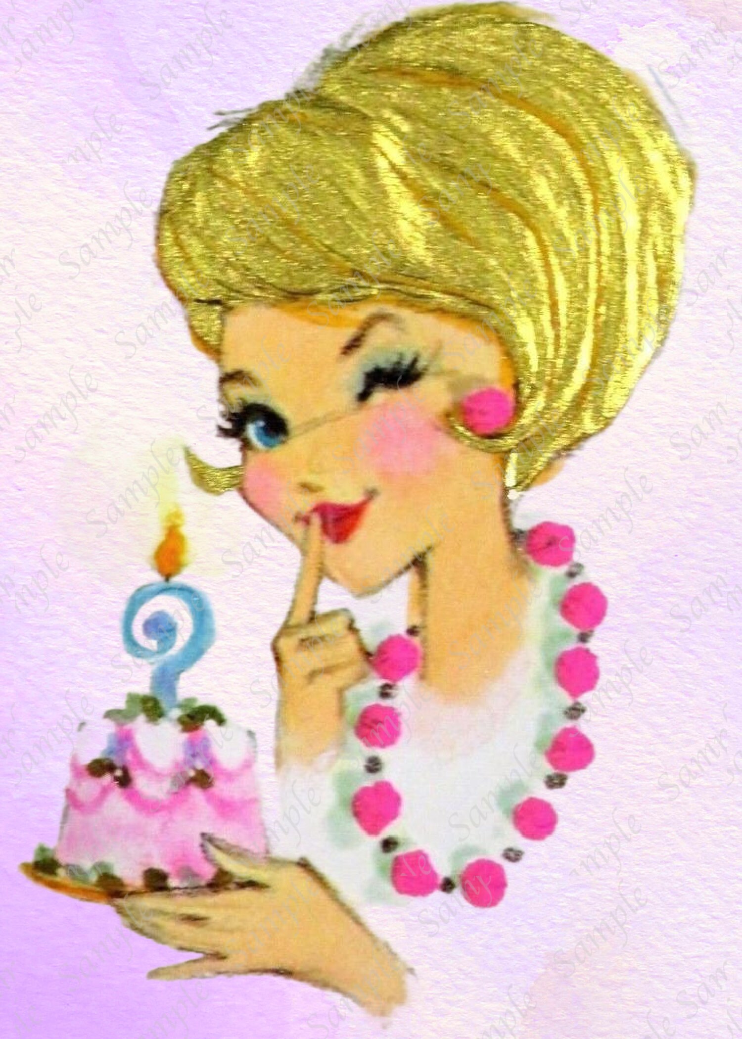 Pretty Lady With Cake Retro Birthday Card, Instant Digital Download - Etsy