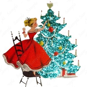 Retro Christmas Card Image, Pretty Girl Decorating Tree, Instant ...