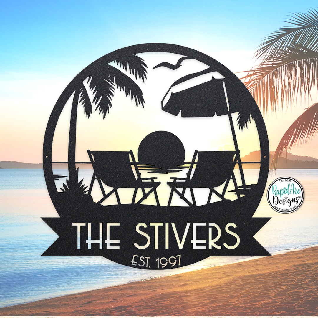 Personalized Sunset Beach Scene Monogram Metal Beach Sign Mid Century ...