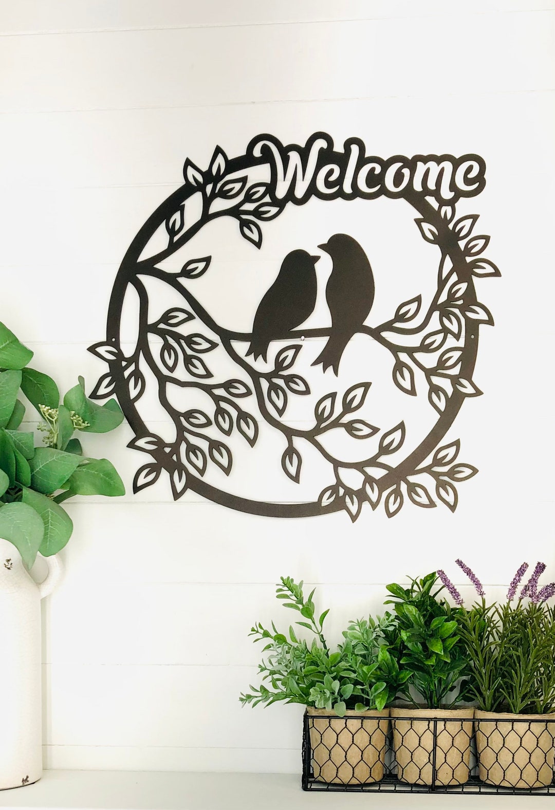 LOVE BIRDS WELCOME Metal Sign Birds on a Branch Wall Wreath Door Hanger ...