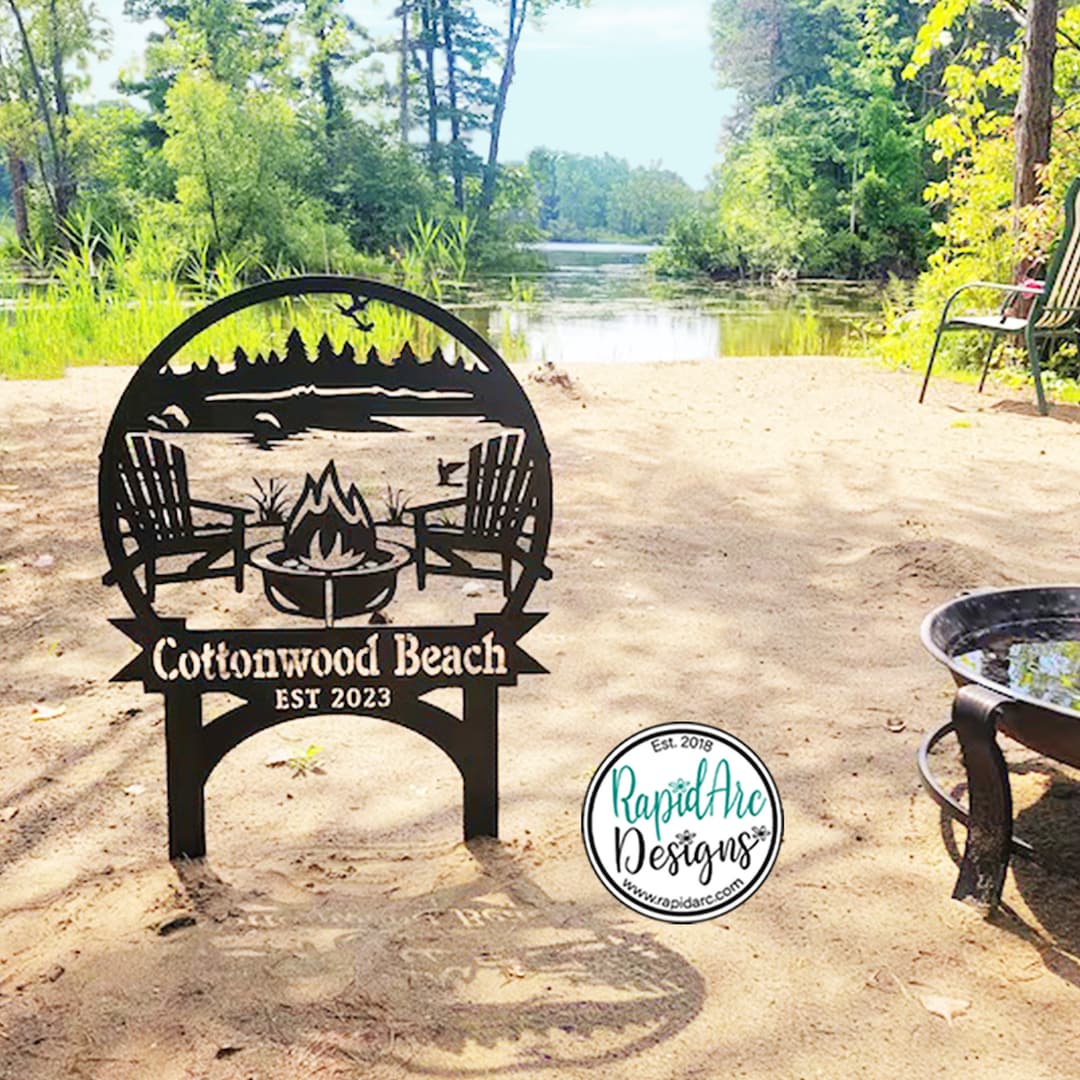 Campsite Monogram LAKE SCENE Name Sign With Yard Stakes | Custom Metal ...
